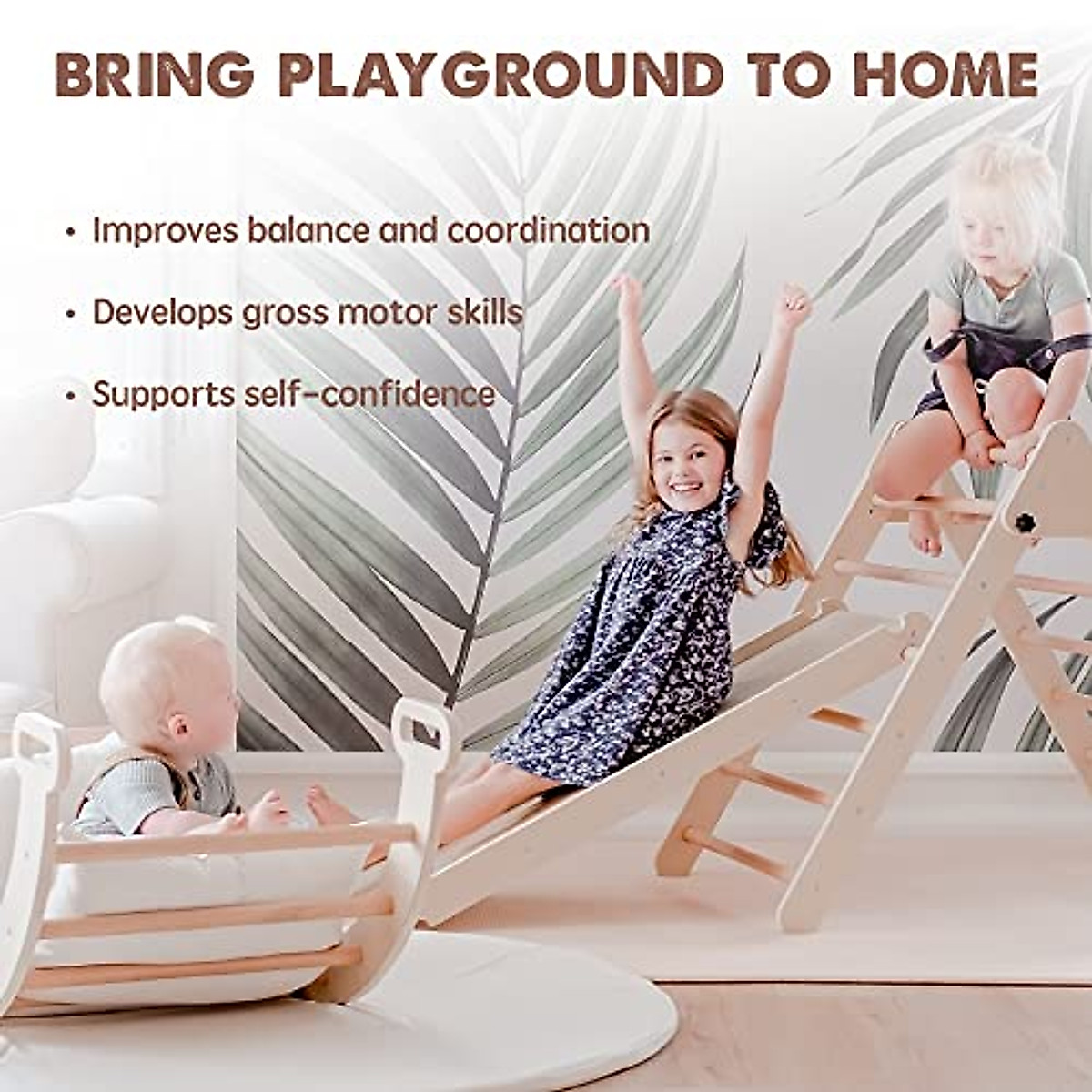 Tiny Land 5 in 1 Pikler Triangle Set, Baby Climbing Toys Indoor Playground, Foldable Toddler Climbing Toys, Wooden Montessori Climbing Set for 2-6 Years, Jungle Gym for Kids