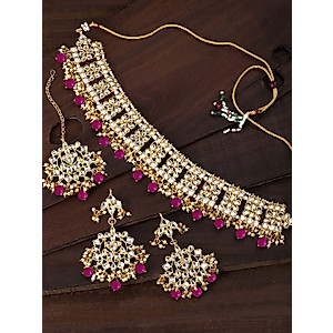 Aheli Elegant Indian Faux Kundan Studded Choker Necklace with Maang Tikka Set Ethnic Wedding Wear Fashion Jewelry for Women (Rani Pink)