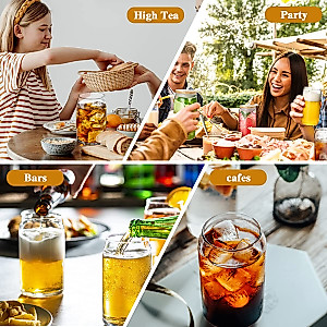 Transparent Glass Cups with Bamboo Lids and Glass Straw, 4pcs 16oz Can Shaped Glass Cups, Beer Glasses, Iced Coffee Glasses, Cute Tumbler Cup, Ideal for Cocktail, Whiskey, Bonus 2 Cleaning Brushes