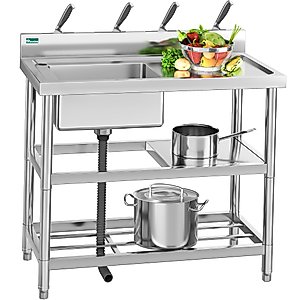 YITAHOME Kitchen Sink Stainless Steel Single Bowl Freestanding Commercial Sink with Drainboard for Restaurant, Utility Sink w/Workbench & Double Storage Shelves for outdoor 39" W x 20" D x 37" H