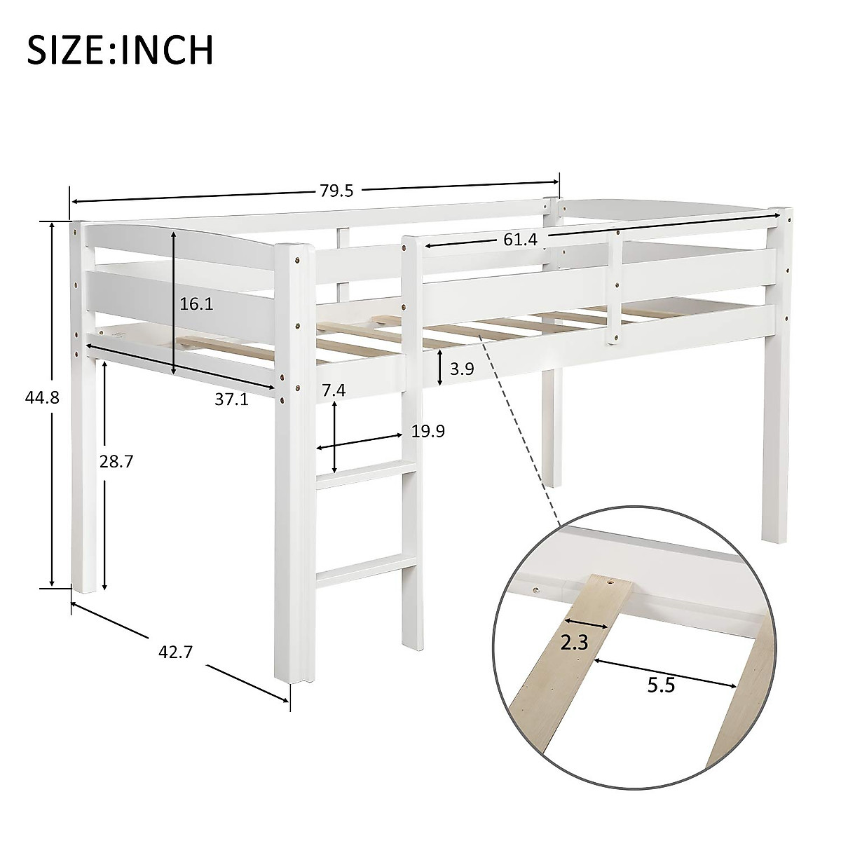 CITYLIGHT Twin Low Loft Bed, Junior White Wood Loft Bed with Ladder, MDF & Pine Frame, 200LBS Capacity, No Box Spring Needed
