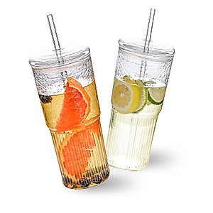 MINGHYZYA 20 OZ Iced Coffee Cup With Glass Lids and Straws,High Borosilicate Glass Tumbler Cup Reusable Wide Mouth Smoothie Cups(Clear,1cup)