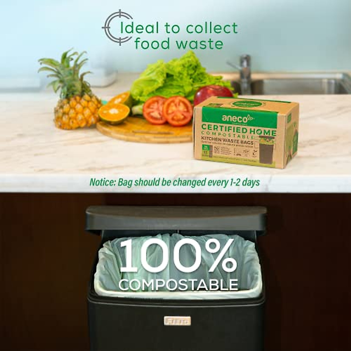 ANECO 100% Compostable Trash Bags 13 Gallon, 35 Count, Extra Thick Kitchen Compost Bags, Large Compostable Bags for Tall Kitchen Bin (Pack of 1)