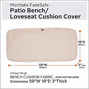 Classic Accessories Montlake FadeSafe Water-Resistant 59 x 18 x 3 Inch Outdoor Bench/Settee Cushion Slip Cover, Patio Furniture Swing Cushion Cover, Antique Beige, Patio Furniture Cushion Covers