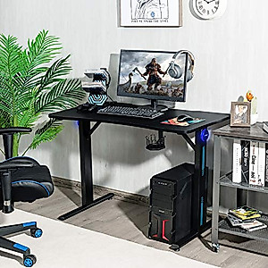 Tangkula Gaming Desk, T-Shaped Computer Desk w/Game Controller Stand, Cup Holder and LED Light, Ergonomic Home Office Game Station with Carbon Fiber Surface (Black)