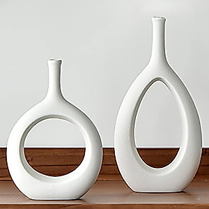MOVNO White Ceramic Hollow Vases Set of 2, Geometric Handmade Flower Vase for Decor, Modern Decorative Vase Centerpiece for Wedding Living Room Office Bedroom Dinner Table Party-Housewarming Gift