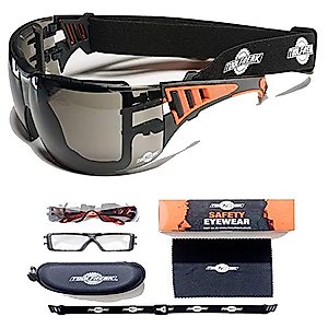 ToolFreak Rip Out Safety Glasses - Tinted - Polycarbonate Lens z87.1 Rated - Foam Padding & Adjustable Strap - Impact Resistance & Distortion-Free Lenses (Hard Case)
