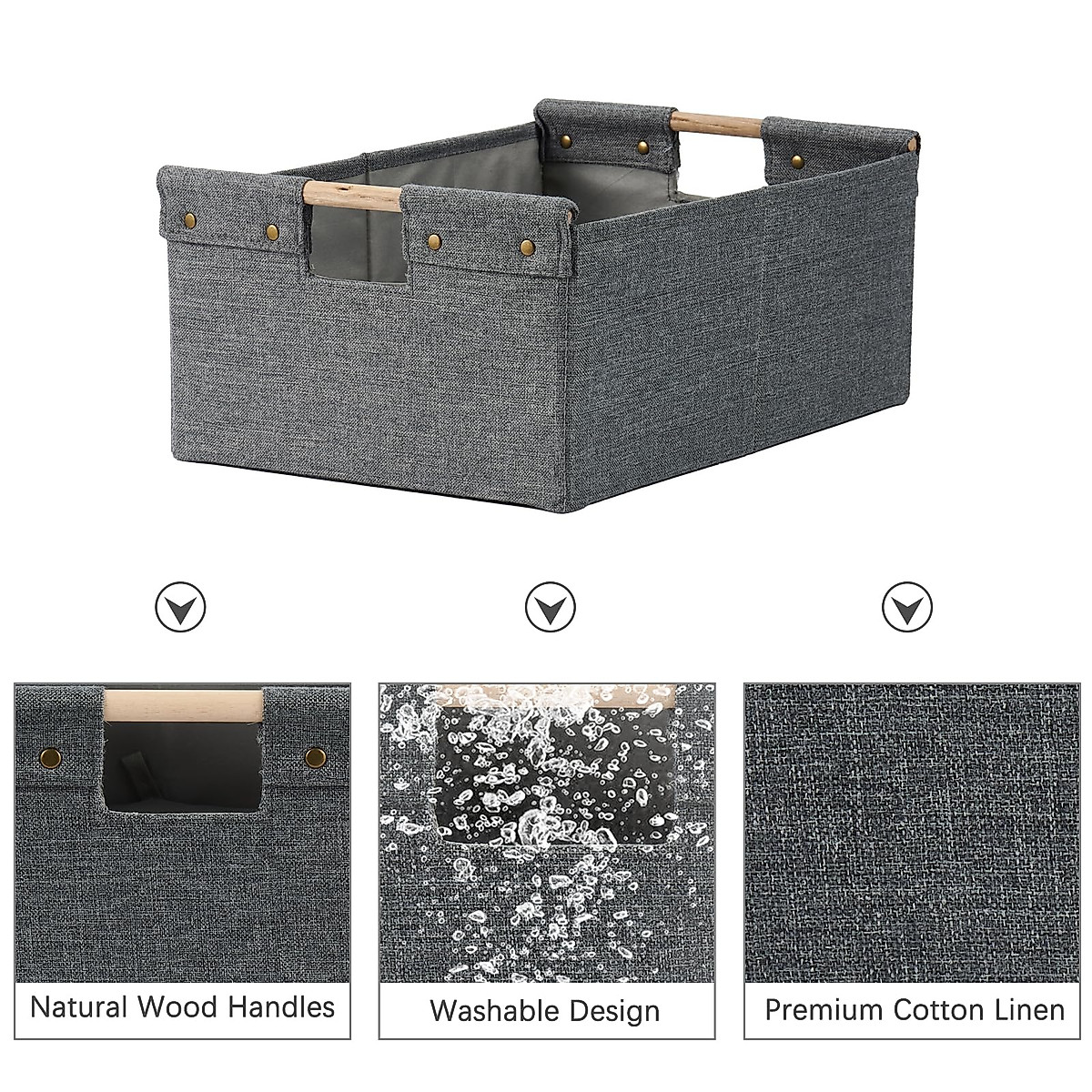 VinneGenzz Storage Bins Cotton Linen Fabric Storage Boxes Basket with Wooden Handles Foldable Washable Decorative Shelf Container Clothes Organizer Home Laundry - Large Size, Gray