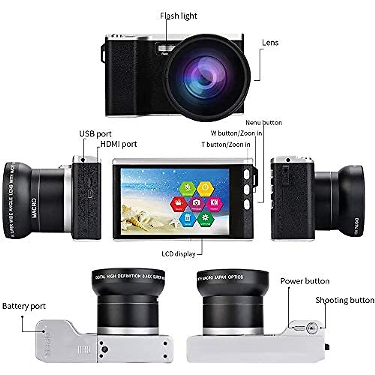 Digital Camera 24MP 4.0 Inch Touch Monitor Camera for Backpacking FHD Mini Compact Wide Angle Lens Pocket Camera for Photography(2 batteries Included)