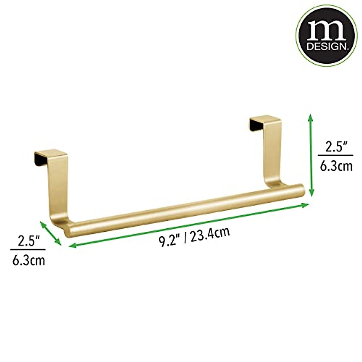 mDesign Metal Over The Door Towel Holder for Kitchen Cabinet - Hand, Dish, and Tea Towel Rack - Over The Door Towel Bar and Hanger - Kitchen/Bathroom Organizer - Omni Collection - 2 Pack, Soft Brass