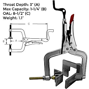 JointMaster, 90 Degree, Angle Clamping Tool, Throat Depth: 3", Max Capacity: 1-1/4", OAL: 8-1/2", Single Hand T-Joint Clamp Tool, PL634 & 6" Pipe Pliers, Two Fixed V-Pads, Throat Depth: 2″
