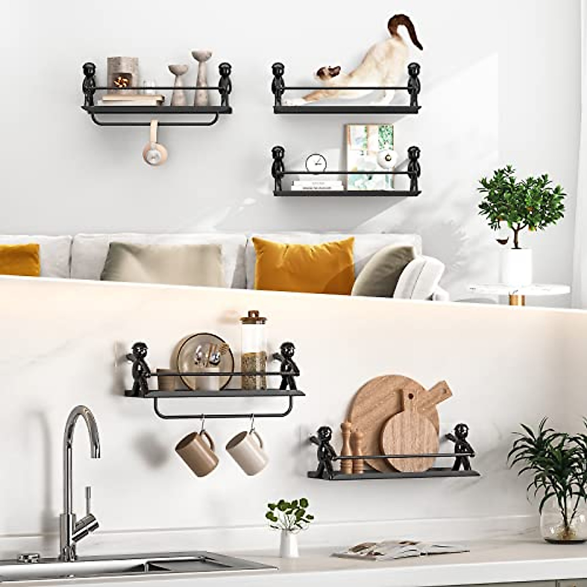 DUSASA Floating Wall Shelves for Bedroom/Bathroom, 2 Pack Metal Hanging Shelf for Living Room/Kitchen/Laundry Room, Wall Mounted Shelves with Towel Rack, Rustic Black Shelves for Wall Décor & Storage