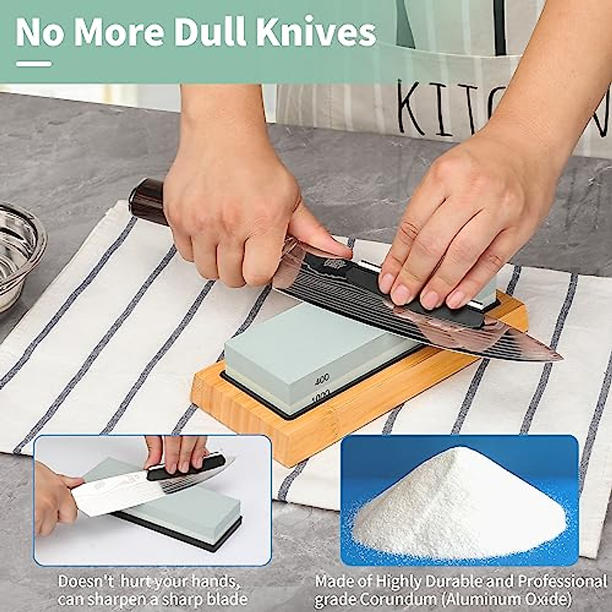 knife sharpening Stone kit, sharpening stone 4 Side Grit 400/1000 3000/8000 Waterstone, Includes Leather Strop, Bamboo Base, Flattening Stone, Slip Rubber Bases, and Angle Guide
