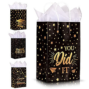 Whaline 12Pcs Graduation Gift Bag with White Tissue Paper Congrats Grad Party Favor Bags with Handle 4 Designs Black Gold Paper Congratulations Treat Candy Bag for College High School