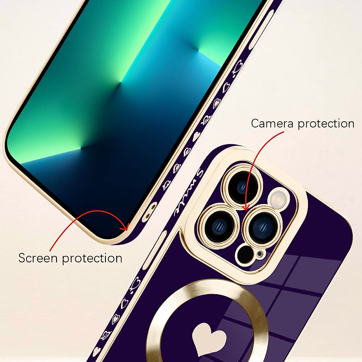 Bonoma for iPhone 13 Pro Max Case [Support Magsafe] Love Heart Pattern Magnetic Plating Electroplate Luxury Elegant Case Camera Protector Soft TPU Shockproof Protective Corner Back Cover -Purple