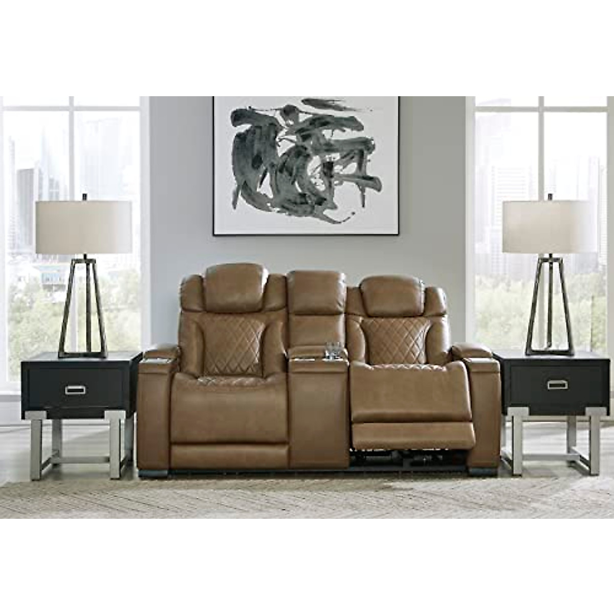 Signature Design by Ashley Strikefirst Contemporary Tufted Leather Power Reclining Loveseat with Console and Adjustable Headrest, Light Brown