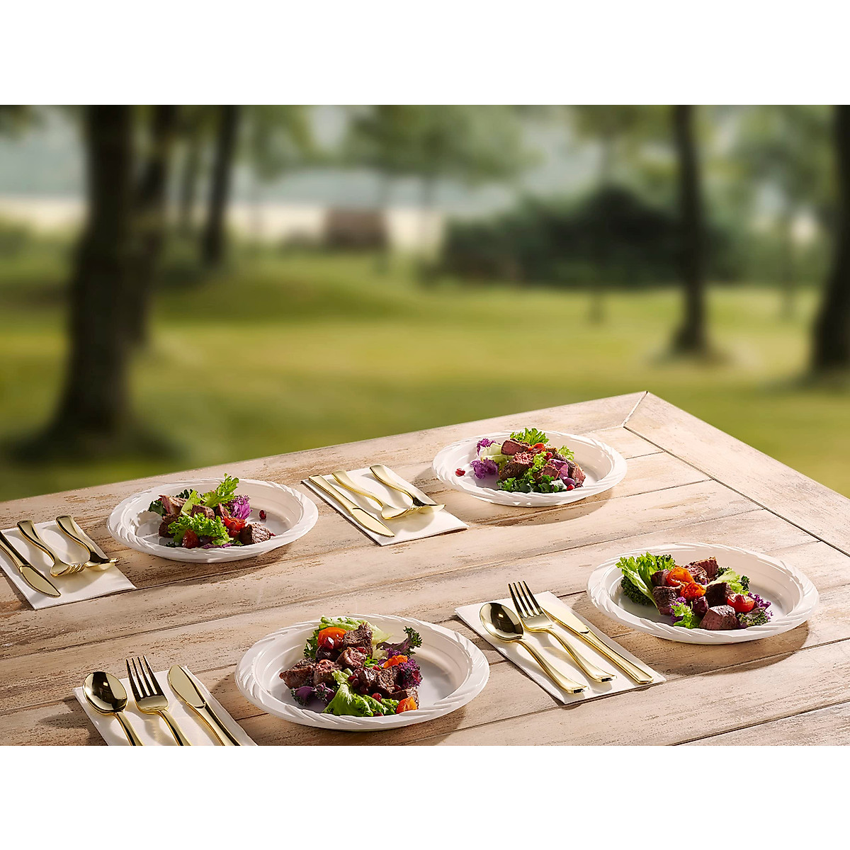 Munfix 200 White Plastic Plates Set - 9 Inch Plastic Dinner Plates, Disposable Plates Bulk Pack, Party Plates for BBQ, Picnic, Parties, Travel and Events, Microwavable Recyclable