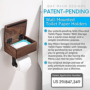 Day Moon Designs Toilet Paper Holder with Shelf - Flushable Wipes Dispenser & Storage Fits Any Bathroom, Keep Your Wet Wipes Hidden - Wooden Wall Mount Bathroom Organizer - Small, Dark Wood
