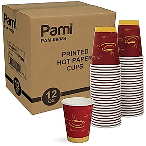 PAMI Hot Coffee Paper Cups -Disposable Take-Away Coffee Cups For Hot Drinks- Single-Use Paper Glasses For Espresso, Hot Chocolate, Tea- Cute To-Go Hot Beverage Drinking Cups (1000, 12oz)