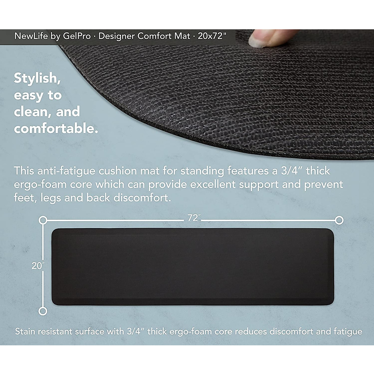 GelPro NewLife Designer Comfort Ergo-Foam Cushioned Anti-Fatigue Kitchen Floor Mat, Stain-Resistant, Waterproof, Non-Slip Padded Desk/Office Mat, 20" x 72", Grasscloth Charcoal