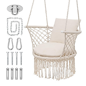 SFIHOME Boho Style Macrame Hanging Swing Chair for Adults, Hammock Swing Chair for Indoor and Outdoor Use, Max 350 Lbs, Beige, SFA75-HC001WHWH