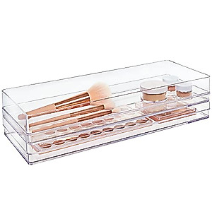 STORi SimpleSort 2-Piece Stackable Clear Drawer Organizer Set | 15" x 6" x 2" Rectangle Trays | Wide Makeup Vanity Storage Bins and Office Desk Drawer Dividers | Made in USA