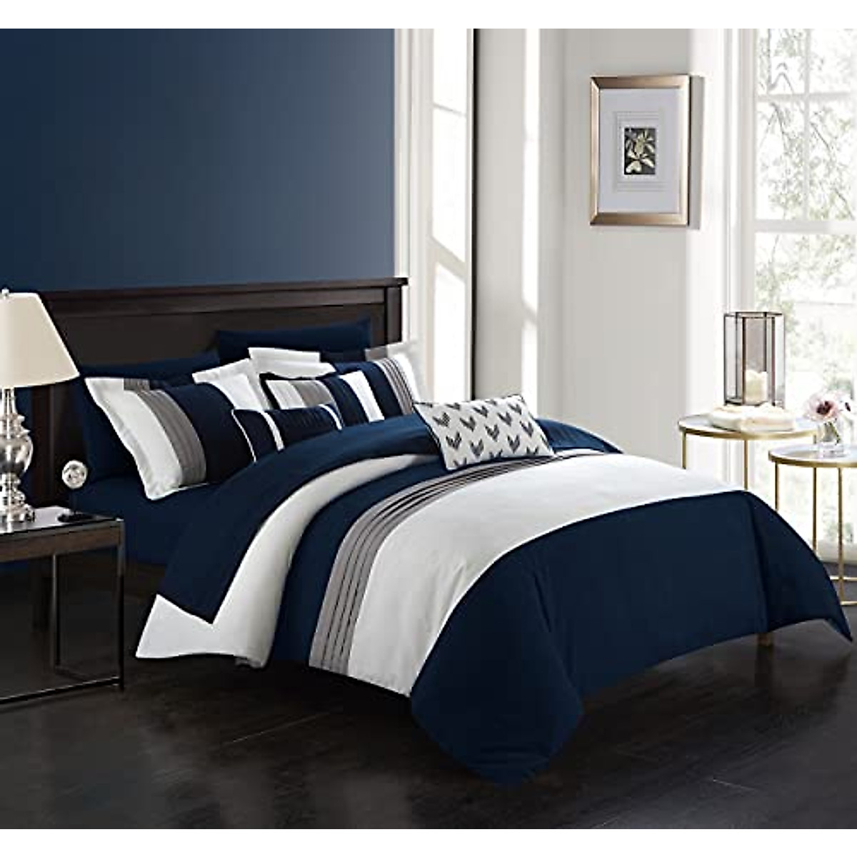 Chic Home Ayelet 10 Piece Comforter Set Color Block Ruffled Bag Bedding, Queen, Navy