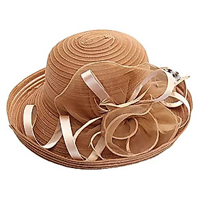 DANTIYA Lady's Organza Wide Brim Bowler Hat Kentucky Derby Church Dress Sun Hat, Coffee, Free