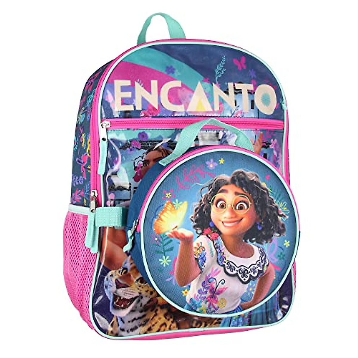 Bioworld Disney Encanto 5 Pc Backpack Set Lunch Box Pencil Case Keychain and Carabiner