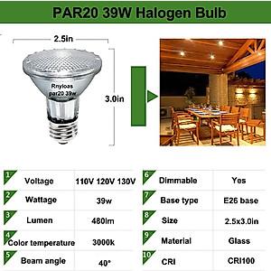 H&Z PAR20 Flood 39W 120V 480 Lumens, High Output 9 Pack 39W PAR20 Halogen Bulb (Equivalent PAR20 50W Halogen Bulb), Long Lasting PAR20 Flood 39W 120V with 3000K Warm White, PAR20 E26 Dimmable