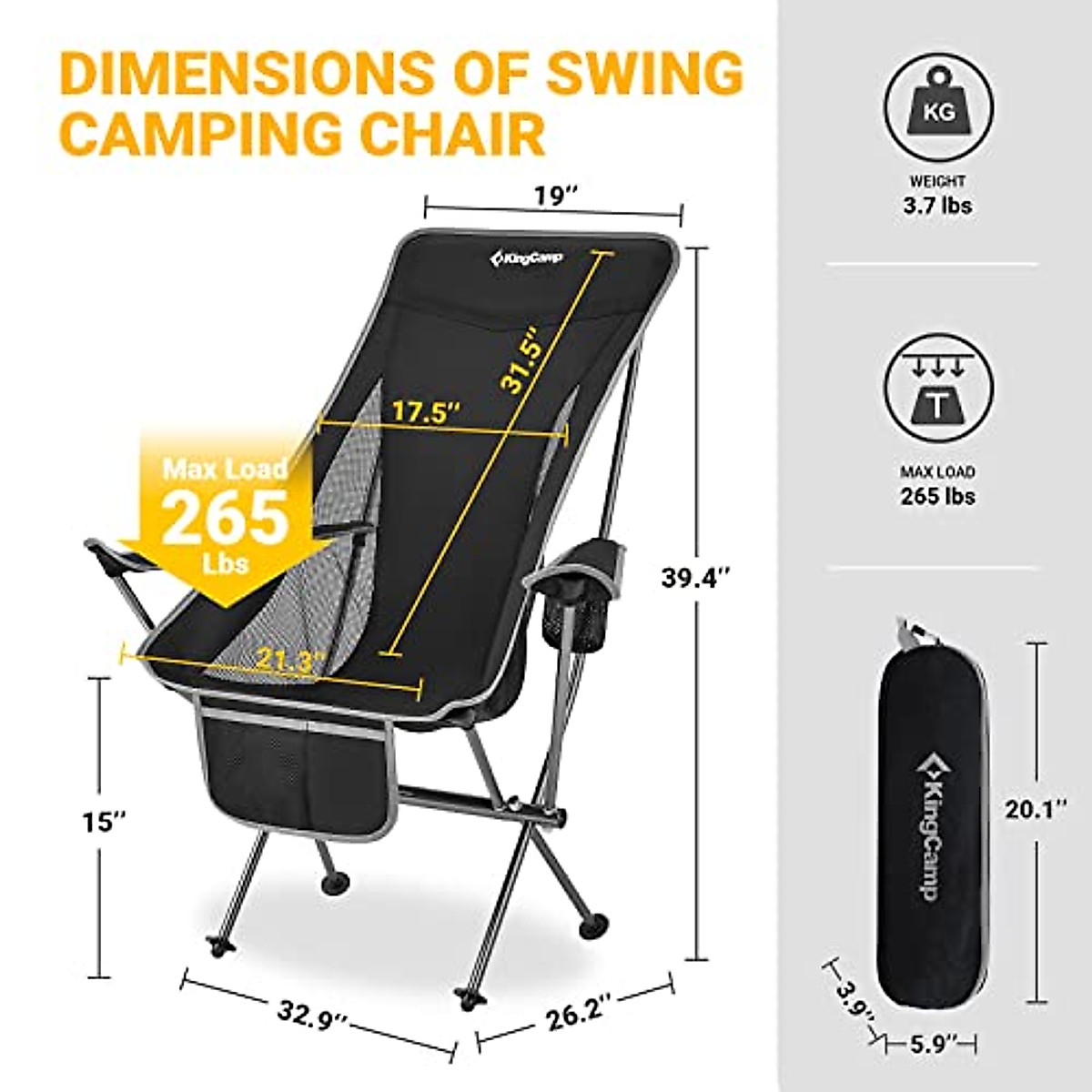 KingCamp Ultralight High Back Folding Camping Chairs Adults with Armrest, Upgrade All-Aluminum Alloy Bracket, Lightweight Camping Chair Camp Compact Portable Outdoors with Carry Bag