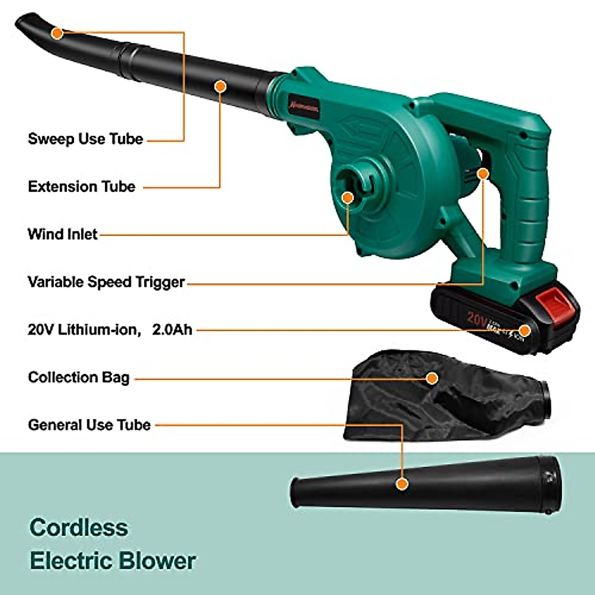 Kinswood 20V 2.0A Batteries Cordless Lithium-ion 12-in-1 Blower Vacuum for Blowing Leaves, Vacuuming Dusts