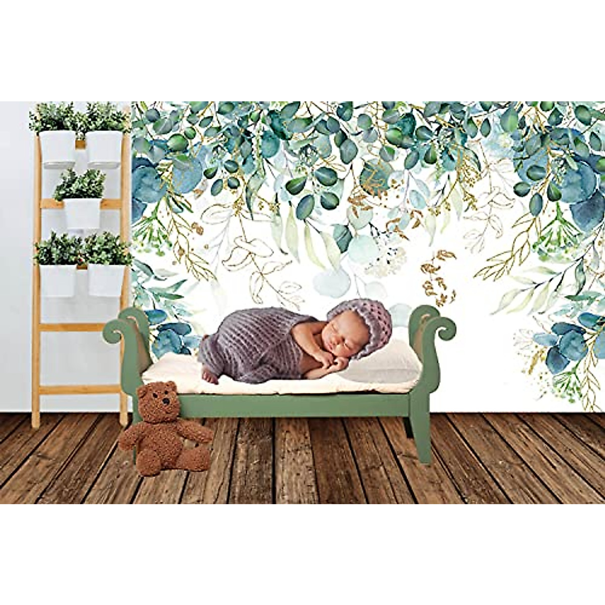 ABLIN 7x5ft Greenery Backdrop for Birthday Party Baby Shower Decorations for Boy Gold and Green Eucalyptus Leaves Gender Reveal Photo Background Photography Shoot Props