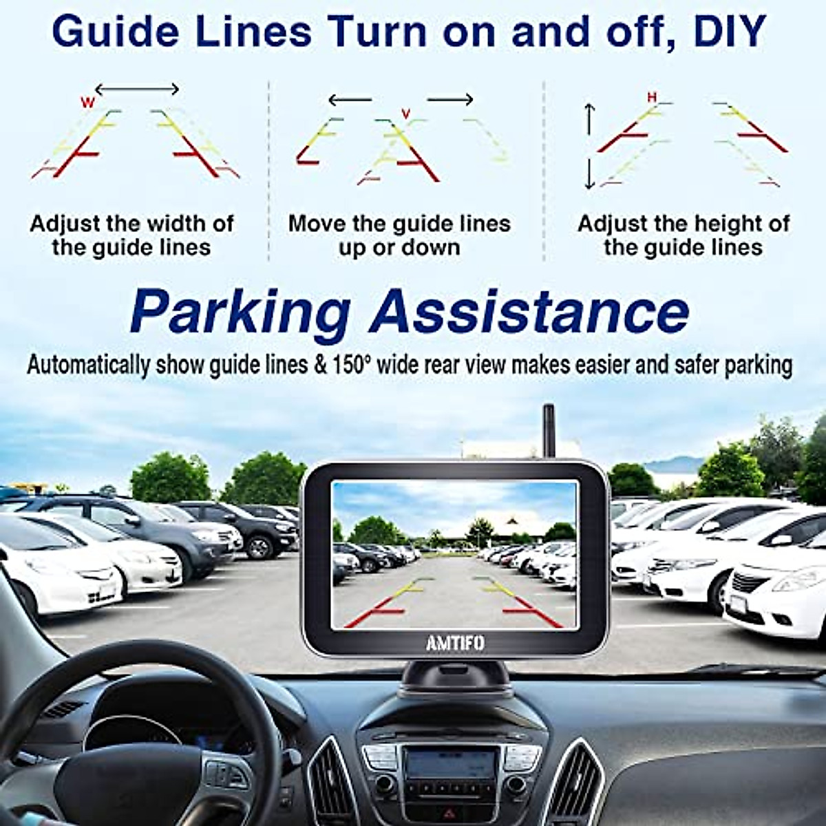 AMTIFO Wireless Backup Camera HD 1080P 5 Inch Split Screen Monitor Digital Stable Signal Car Truck RV Bluetooth License Plate Rear View Cam System 2 Channels Clear Night Vision W3