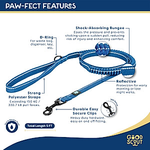 Good Scout 5' Heavy Duty Bungee Leash for Small Dogs, Durable Walking & Training Leash for Puppies & Adult Dogs, D-Ring for Waste Bag Storage, Blue