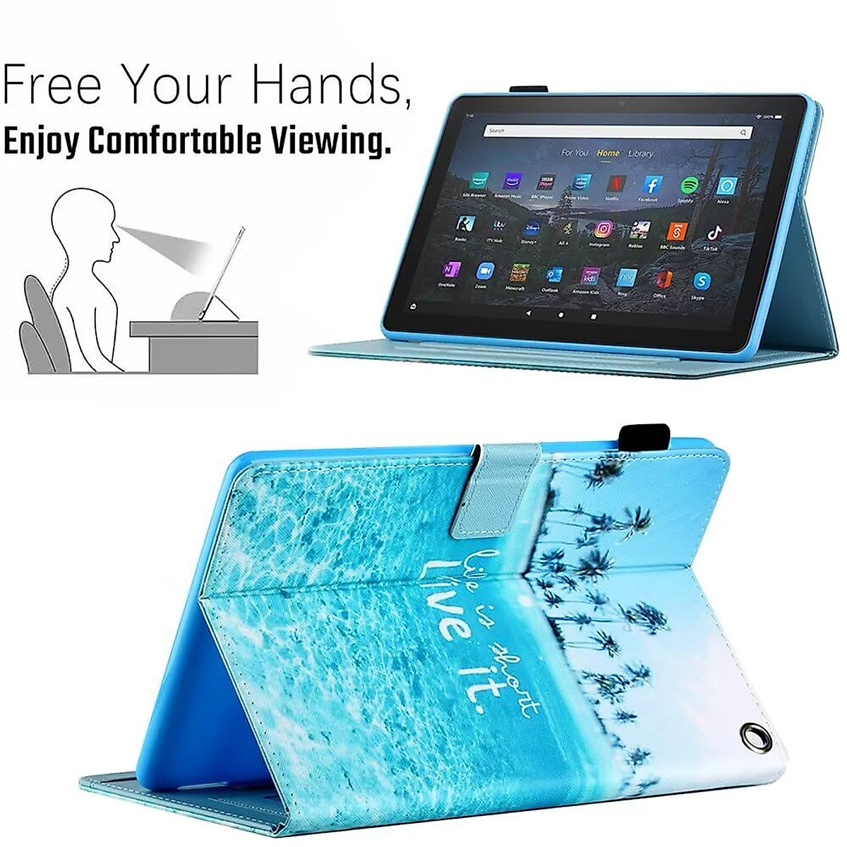 MonsDirect for Fire HD 10 Tablet Case&Fire HD 10 Plus Tablet Case 13th/11th Generation 2023 2021 Release, Smart Auto Wake Sleep Folio Case Stand Protective Cover with Card Slot, Beach