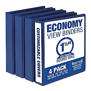 Samsill Economy 1.5 Inch 3 Ring Binder, Made in the USA, Round Ring Binder, Customizable Clear View Cover, Blue, 4 Pack (MP48552)