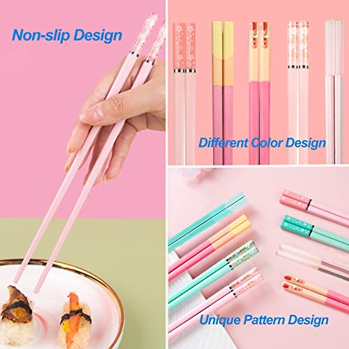 Slivek Chopsticks Reusable Dishwasher Safe, 9.57 inches Premium Non-slip Lightweight Fiberglass Chop Sticks, Japanese Chinese Chopstick Gift Set for Party, Pink- 5 Pairs