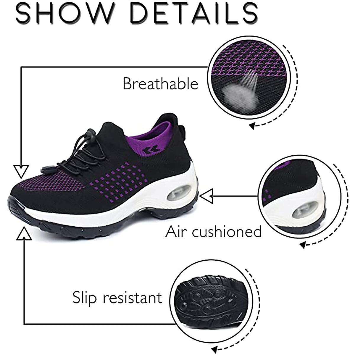 Women's Walking Shoes Sock Sneakers Slip on Mesh Air Cushion Comfortable Wedge Easy Shoes Platform Loafers Purple 39