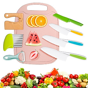 HANHAN 8 PCS Kids Knife Set, Include 4 Pcs Plastic Knives with Serrated Edges, Crinkle Cutter, Y Peeler, Crocodile Wood Knife & Durable Cutting Board for Fruit, Vegetable, Bread, Cake & more (#A)