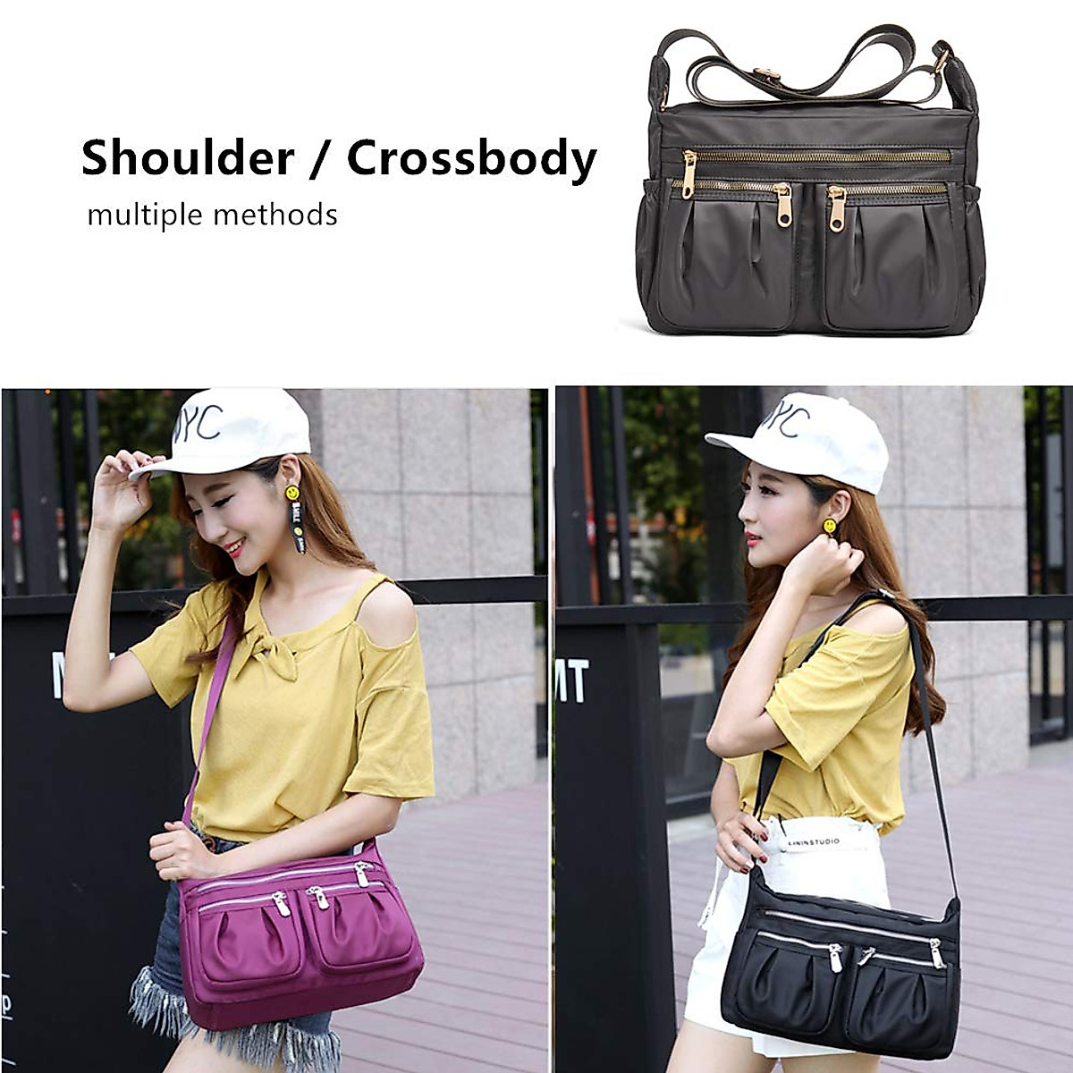Crossbody Bags for Women,SHINON Multi Pocket Shoulder Bags, Lightweight Nylon Waterproof Casual Travel Purse Messenger Bags. (Grey)