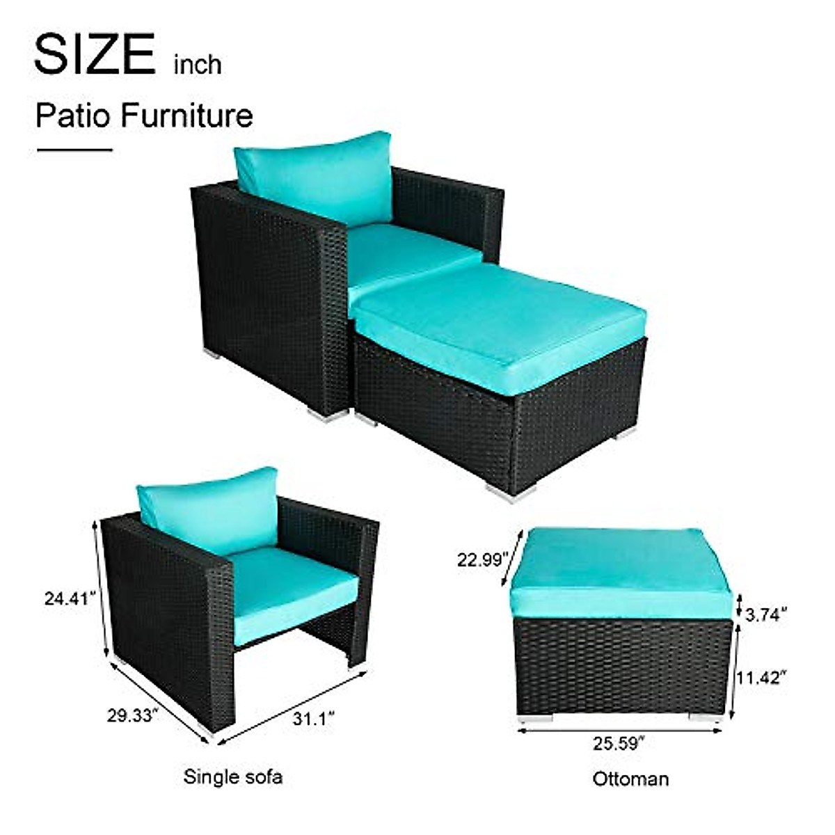 KINTNESS Patio Outdoor Chair and Ottoman Set with Cushions Patio Furniture Set PE Wicker Rattan Lawn Pool Balcony Backyard Conversation Lounge Set