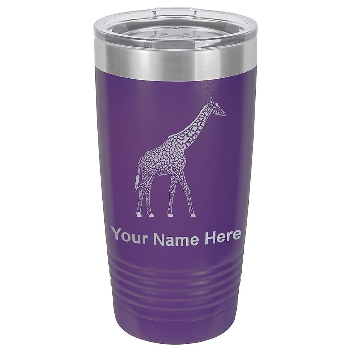 LaserGram 20oz Vacuum Insulated Tumbler Mug, Giraffe, Personalized Engraving Included (Dark Purple)