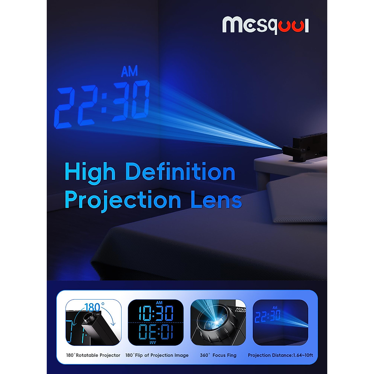 Digital Projection Alarm Clock for Bedroom, Large LED Alarm Clock with Projection on Ceiling Wall, 350°Projector,Dimmer,USB Charger, Battery Backup Loud Dual Alarm Clock for Heavy Sleeper Kids Elderly