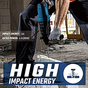 DongCheng 1 Inch SDS-Plus Rotary Hammer Drill with Safety Clutch, 6.7Amp Heavy Duty Corded Demolition Hammer for Concrete, 1200 RPM, 3.0 Joules, Including 4pcs Drill Bits