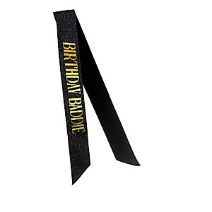 "Birthday Baddie" sash - Black Glitter sash with Gold foil. Soft Black Satin Sash for Women and Men - Birthday Party Favors Supplies Decorations & Accessories for Any Birthday
