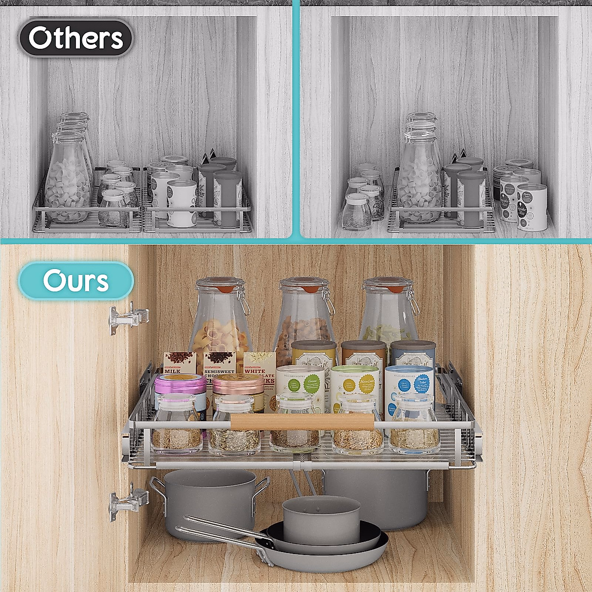 jkxoo Expandable Pull Out Cabinet Organizer, Adjustable Width:12.3~18.5''W x 22.5''D Under Sink Organizer, Drawer Storage Shelves for Kitchen, Bathroom, Closet, Pantry, Cupboard, Pots, Pans