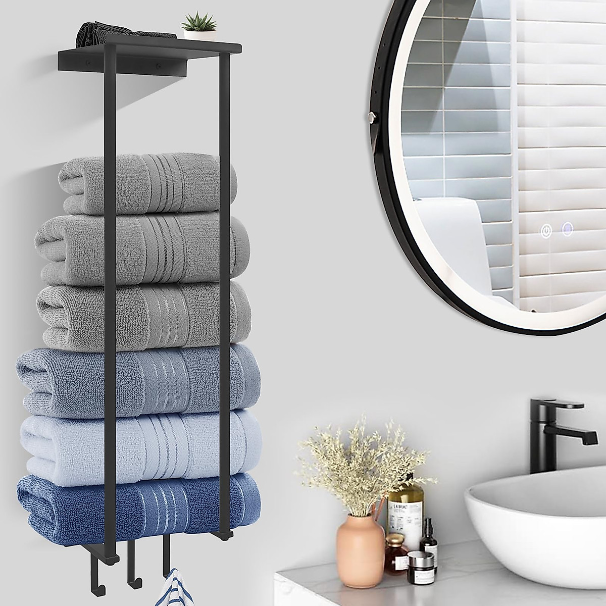 HOTNIU Towel Racks for Small Bathroom Wall Mounted, Vertical Towel Storage with Metal Shelf and 3 Hooks, Bath Towel Rack for Rolled Towels, Black Towel Holder for Large Bath Sheets Towels