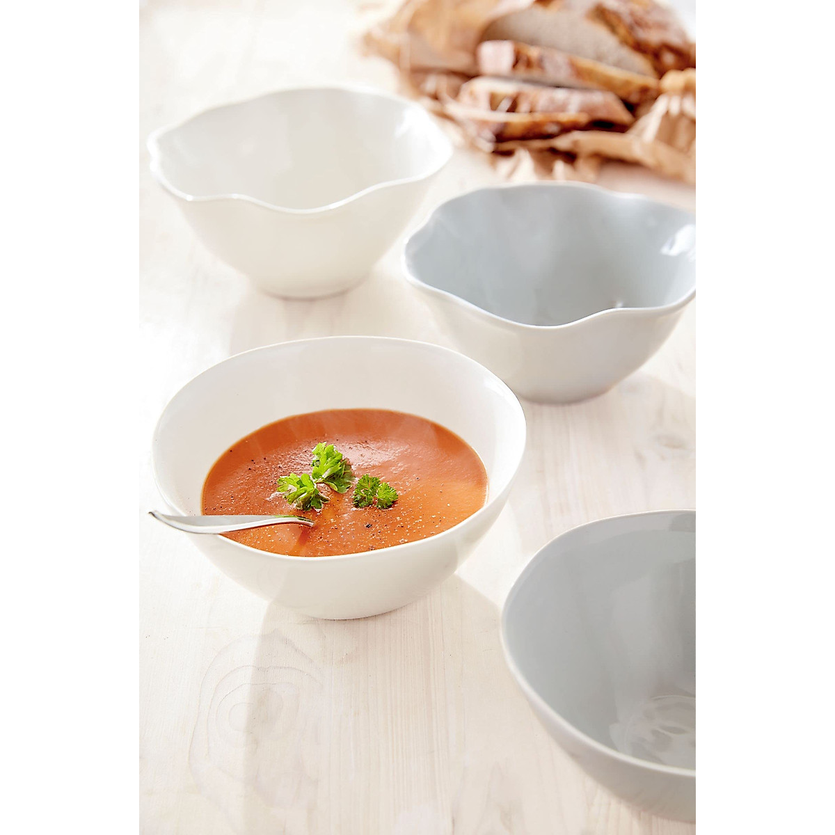 Portmeirion Sophie Conran Arbor Organic Shape Stoneware All Purpose Bowls 6 Inch Set of 4 - Dishwasher & Microwave Safe for Serving Cereal, Soup, Salad, Rice, Snacks & More (Creamy White)