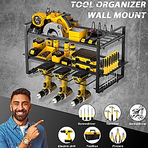 Power Tool Organizer Wall Mount, 2 Pack 3 Layers Garage Wall Shelving, 8 Drill Holder Wall Mount, Cordless Tool Organizer, Garage Storage Rack with 4 Extension Cord Holder
